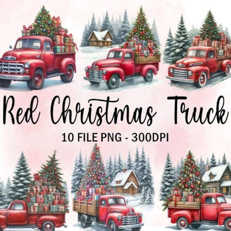 10 Watercolor Red Christmas Truck Clipart Bundle, Christmas Truck Tree ...