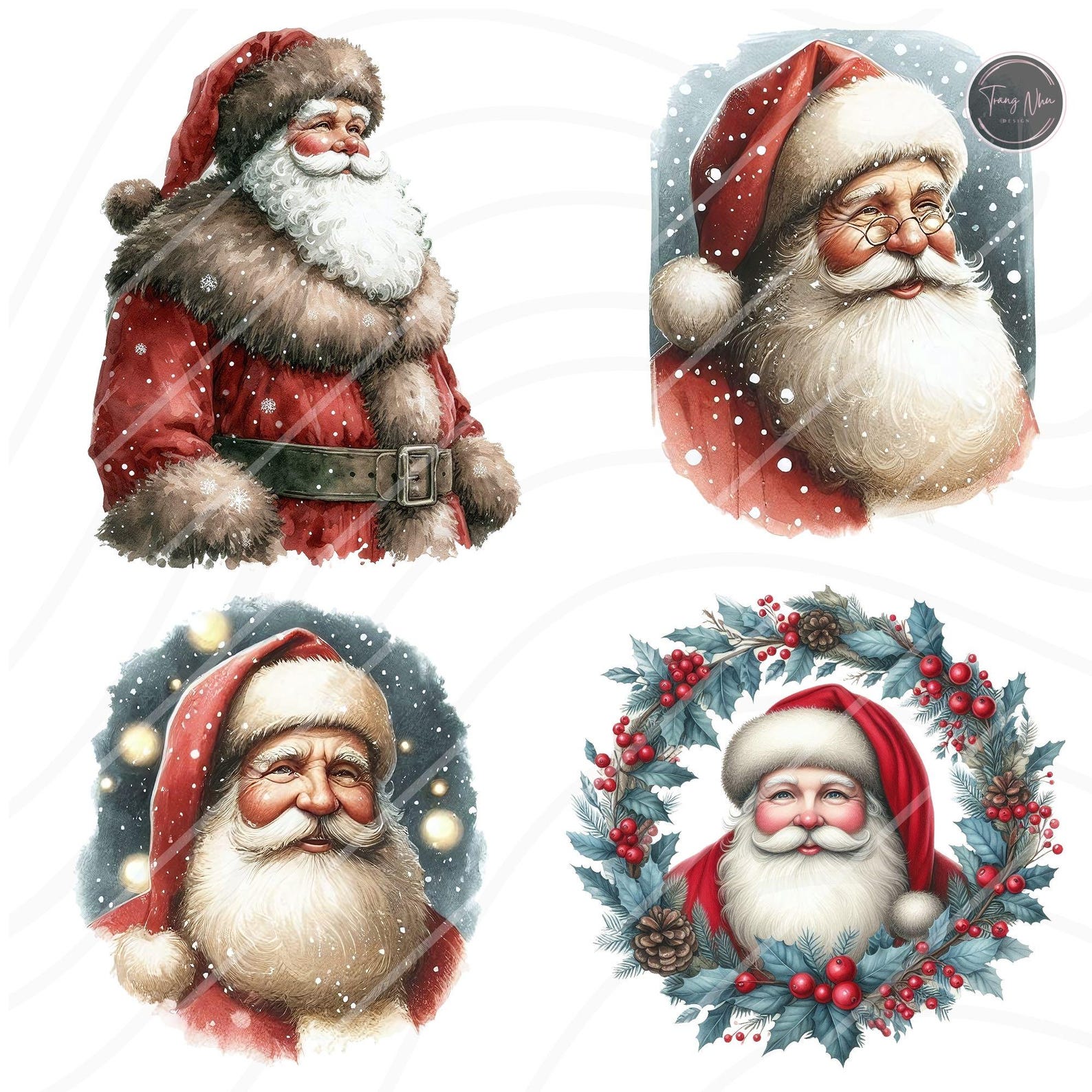 20 Watercolor Santa Claus Vintage Clipart, Christmas Santa Png Bundle ...