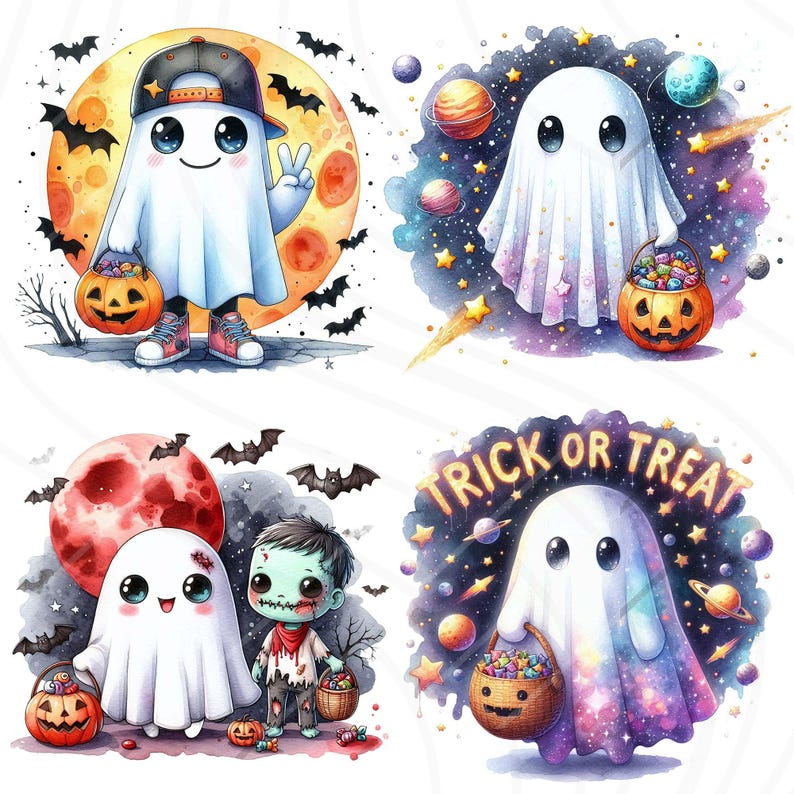 10 Trick or Treat Clipart Bundle, Watercolor Halloween Ghost PNG, Cute ...