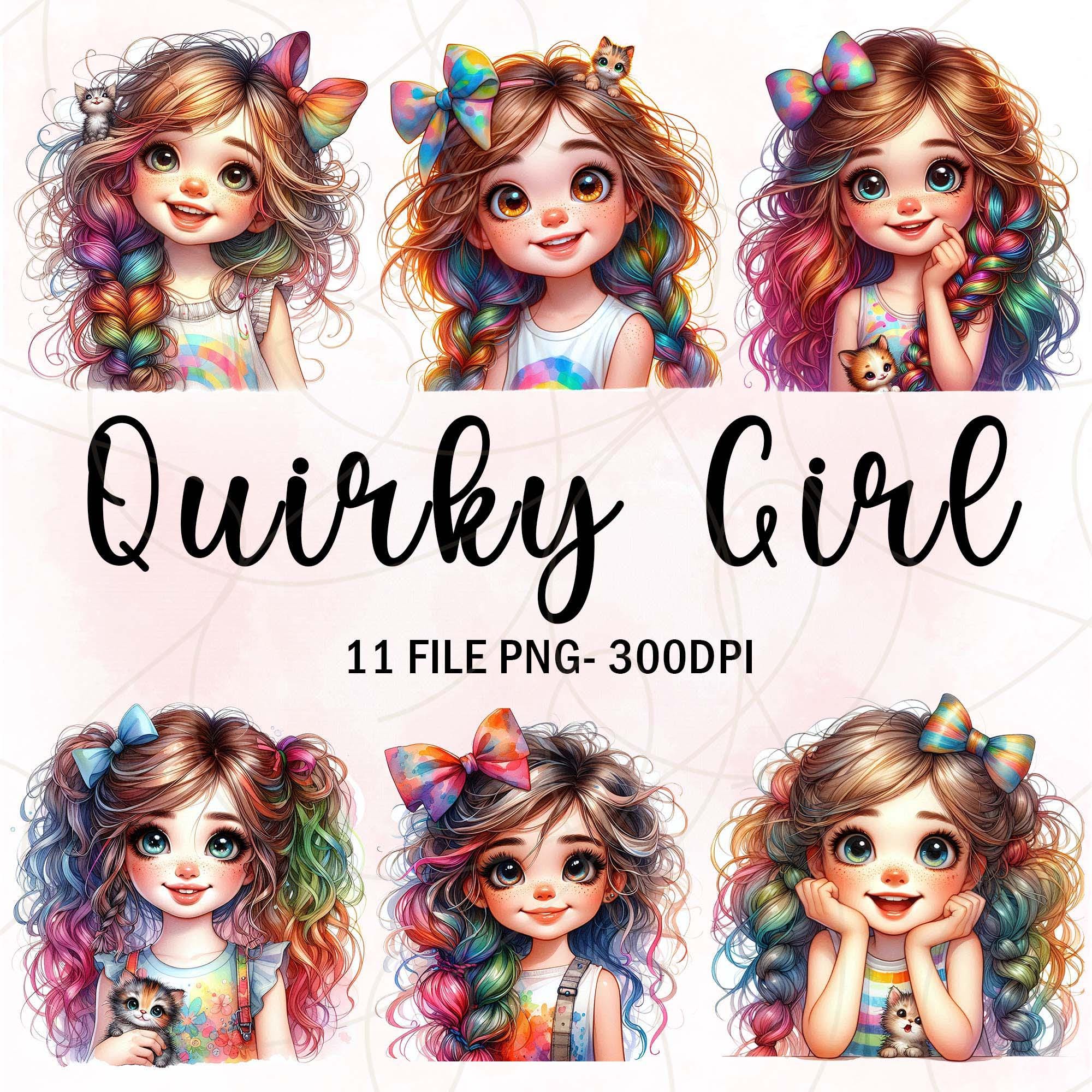 10 Watercolor Quirky Girl Collection Clipart, PNG Girl With Cat Puppy ...