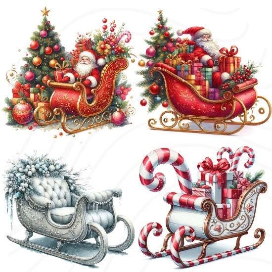 15 Watercolor Christmas Sleigh Clipart Bundle, Santa Sleigh Png, Red ...