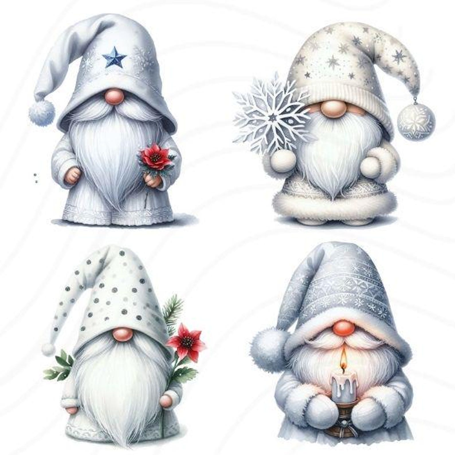20 Watercolor White Christmas Gnomes Clipart Bundle, White Gnomes Xmas ...