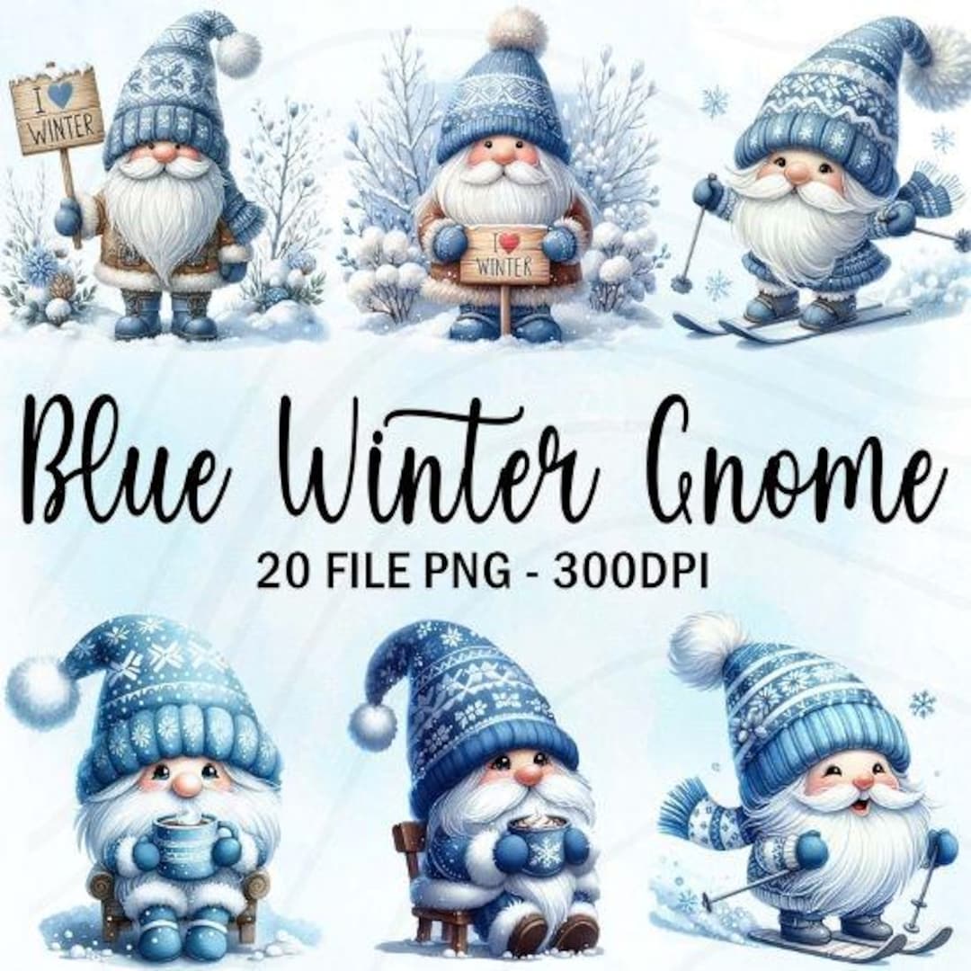 20 Watercolor Blue Winter Gnome Clipart Bundle, Blue Christmas Gnome ...