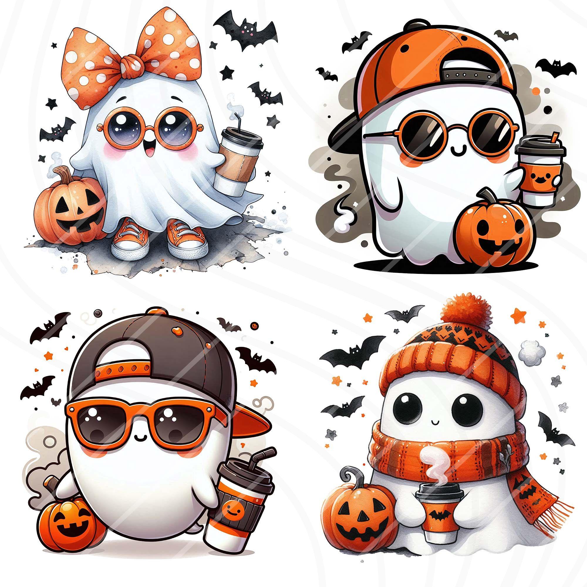 10 Watercolor Chibi Ghost Clipart Bundle, Halloween Ghost Png, Cute ...