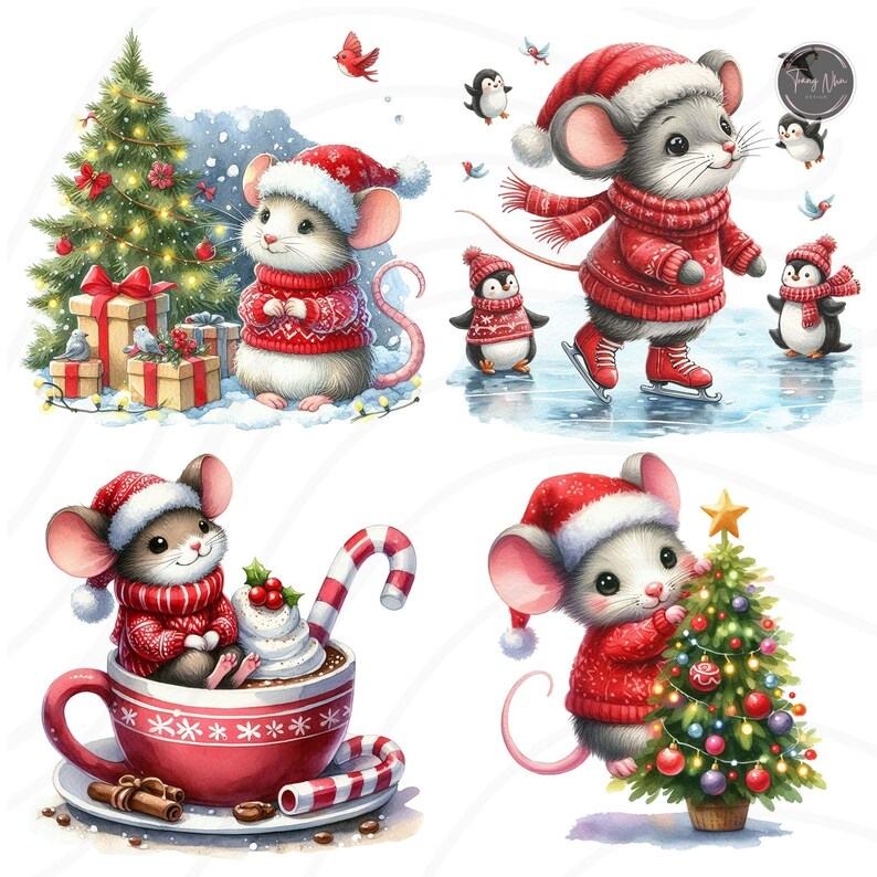 20 Watercolor Christmas Mouse Clipart Bundle, Cute Christmas Mouse Png ...