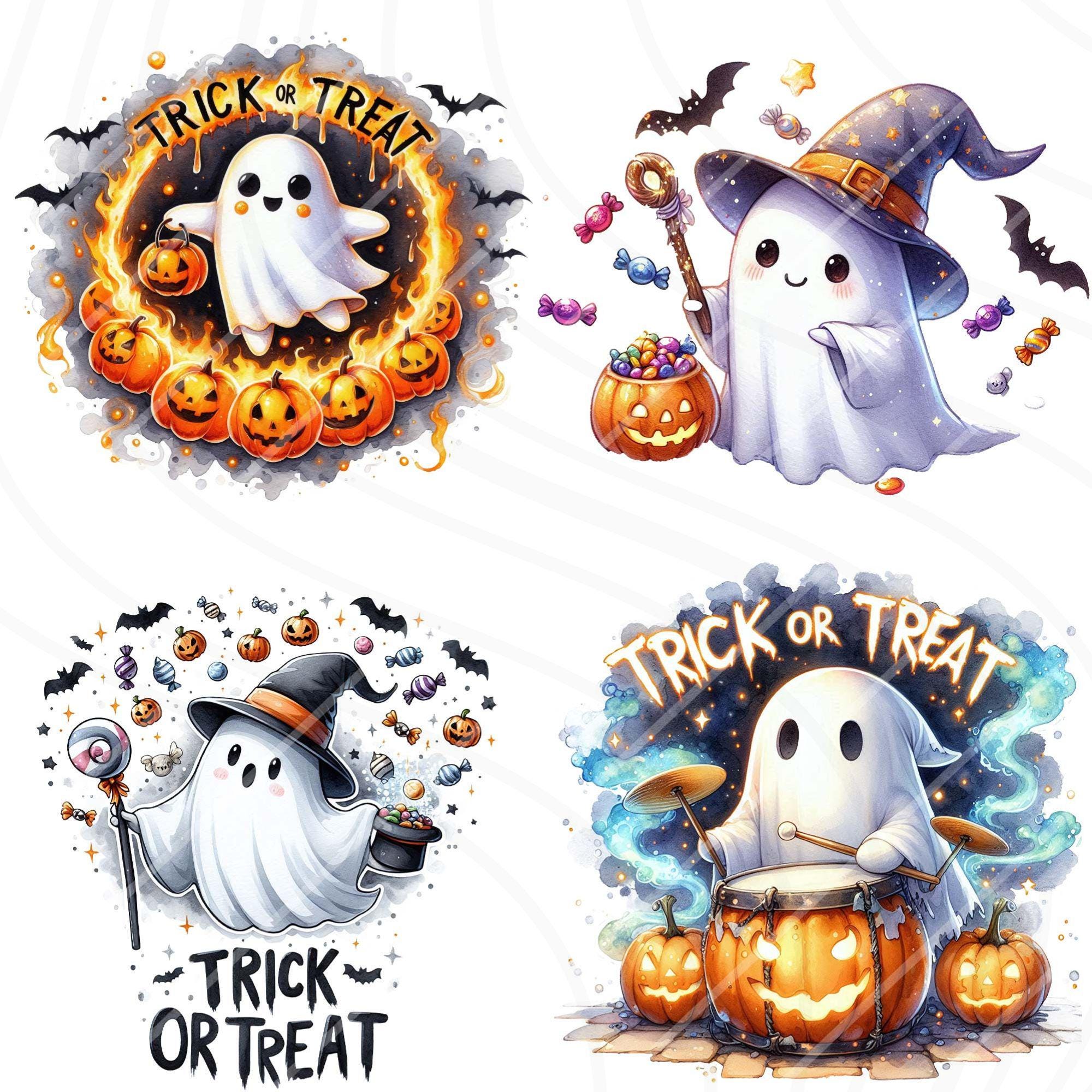 10 Trick or Treat Clipart Bundle, Watercolor Halloween Ghost PNG, Cute ...