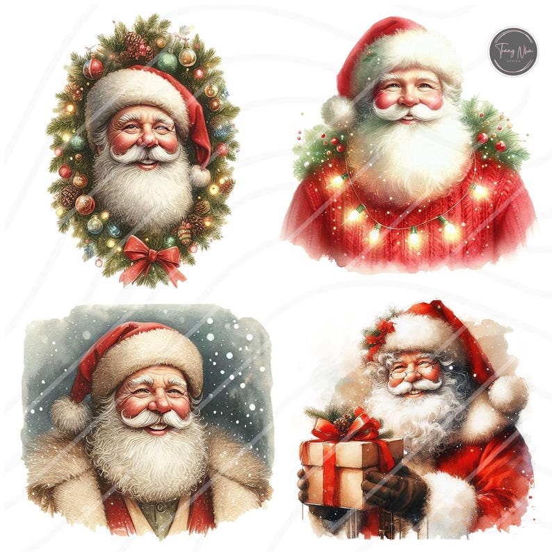 20 Watercolor Santa Claus Vintage Clipart, Christmas Santa Png Bundle ...