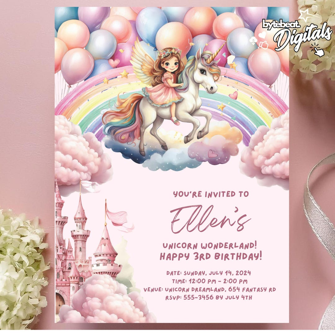 Cute Unicorn Invitation for Girls Birthday Party Editable Digital ...