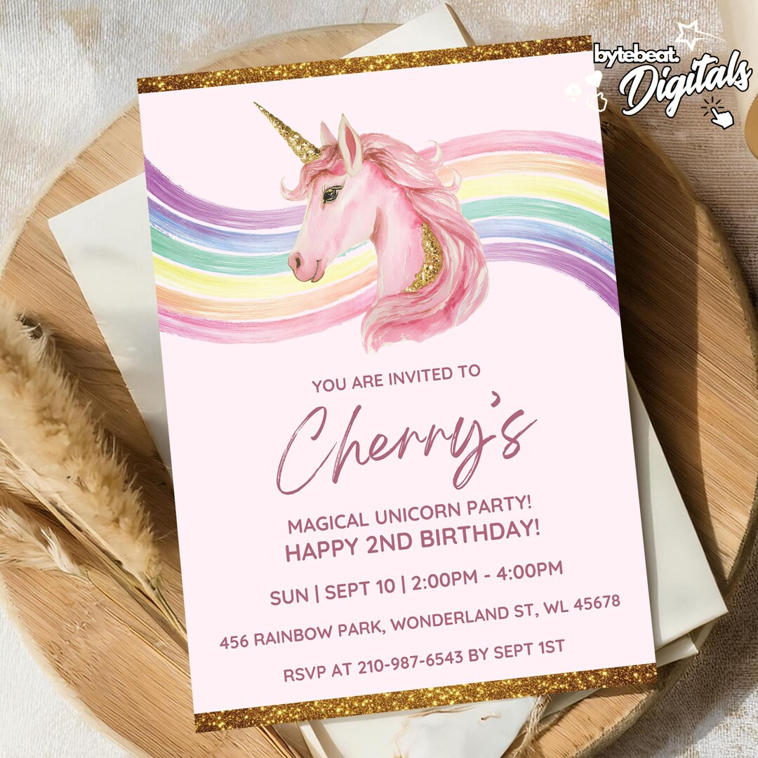 Cute Unicorn Invitation for Girls Birthday Party Editable Digital ...