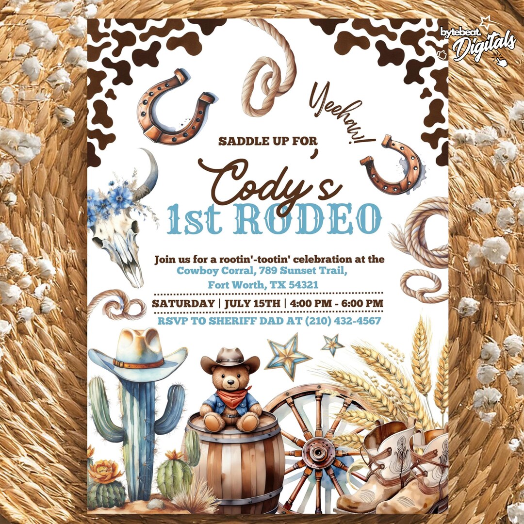 Cowboy Birthday Invitation, First Rodeo Invitation Template, Wild West ...
