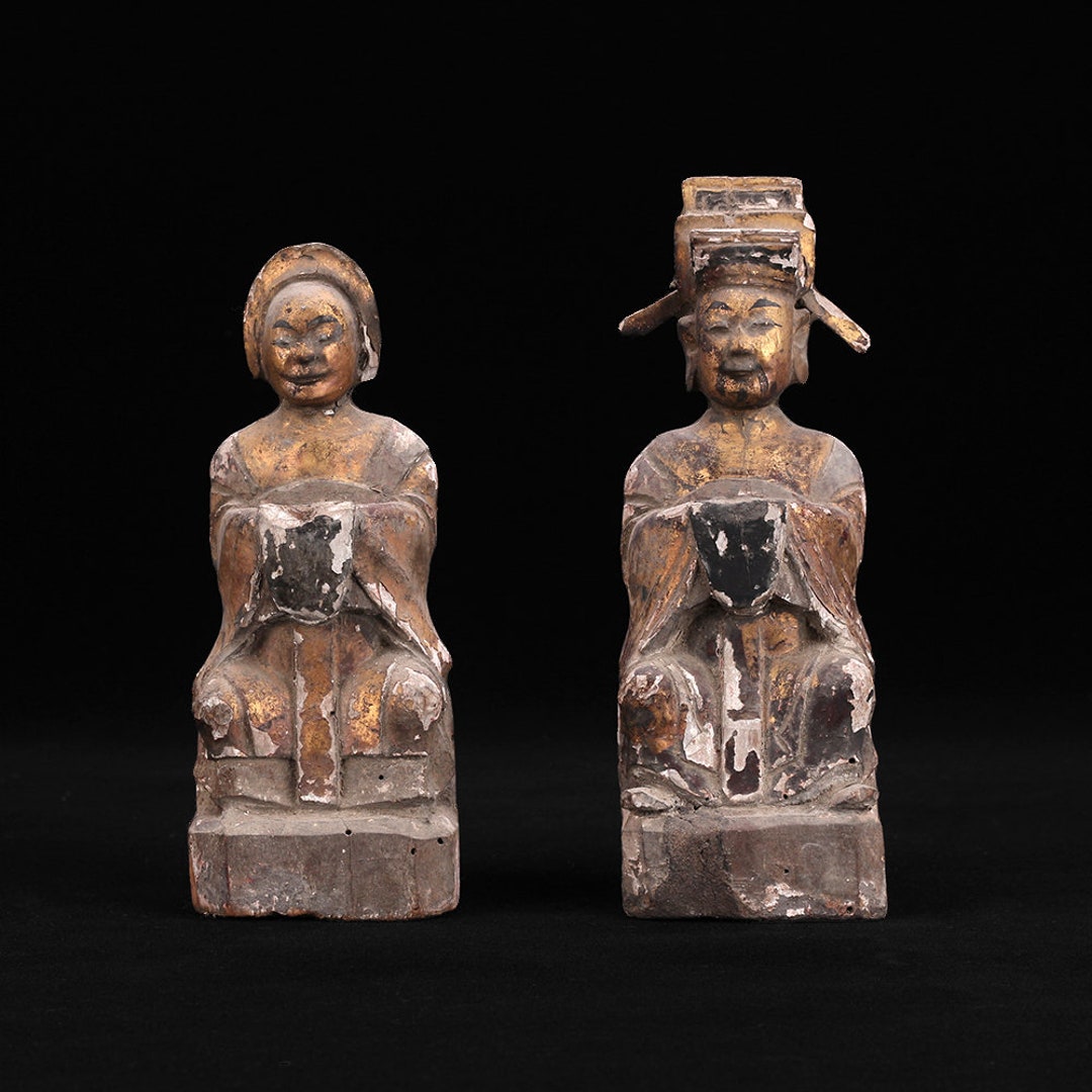 Exquisite Antique Chinese Earth God & Goddess Statues - Rare Qing ...