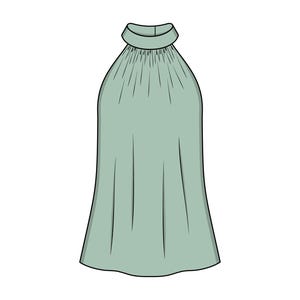 Halter Neck Dress Pattern, Knee Length Dress, Round Collar Gathered ...