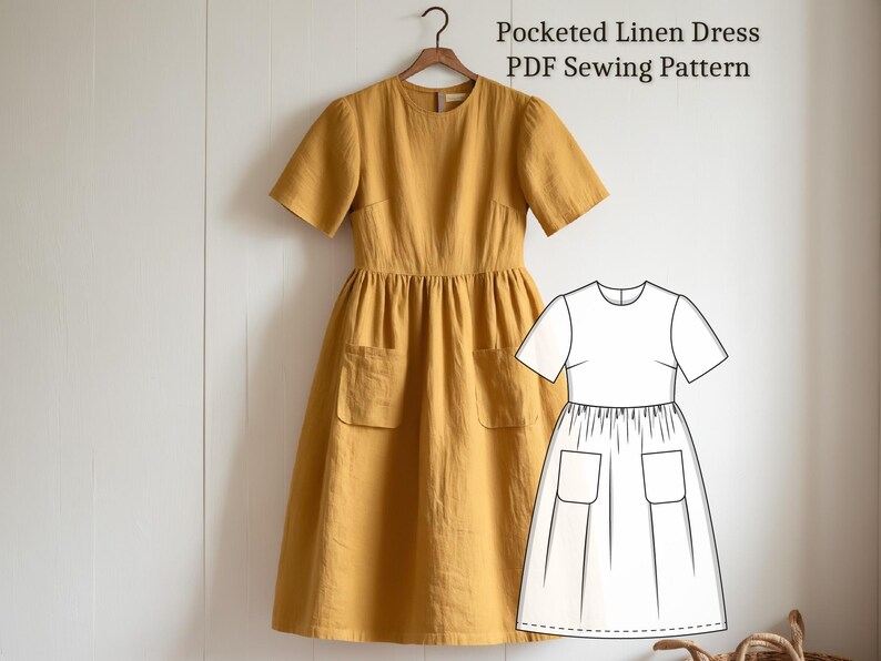 Pocketed Linen Dress Pattern, Short Sleeves Dress, Gathered Skirt Dress ...