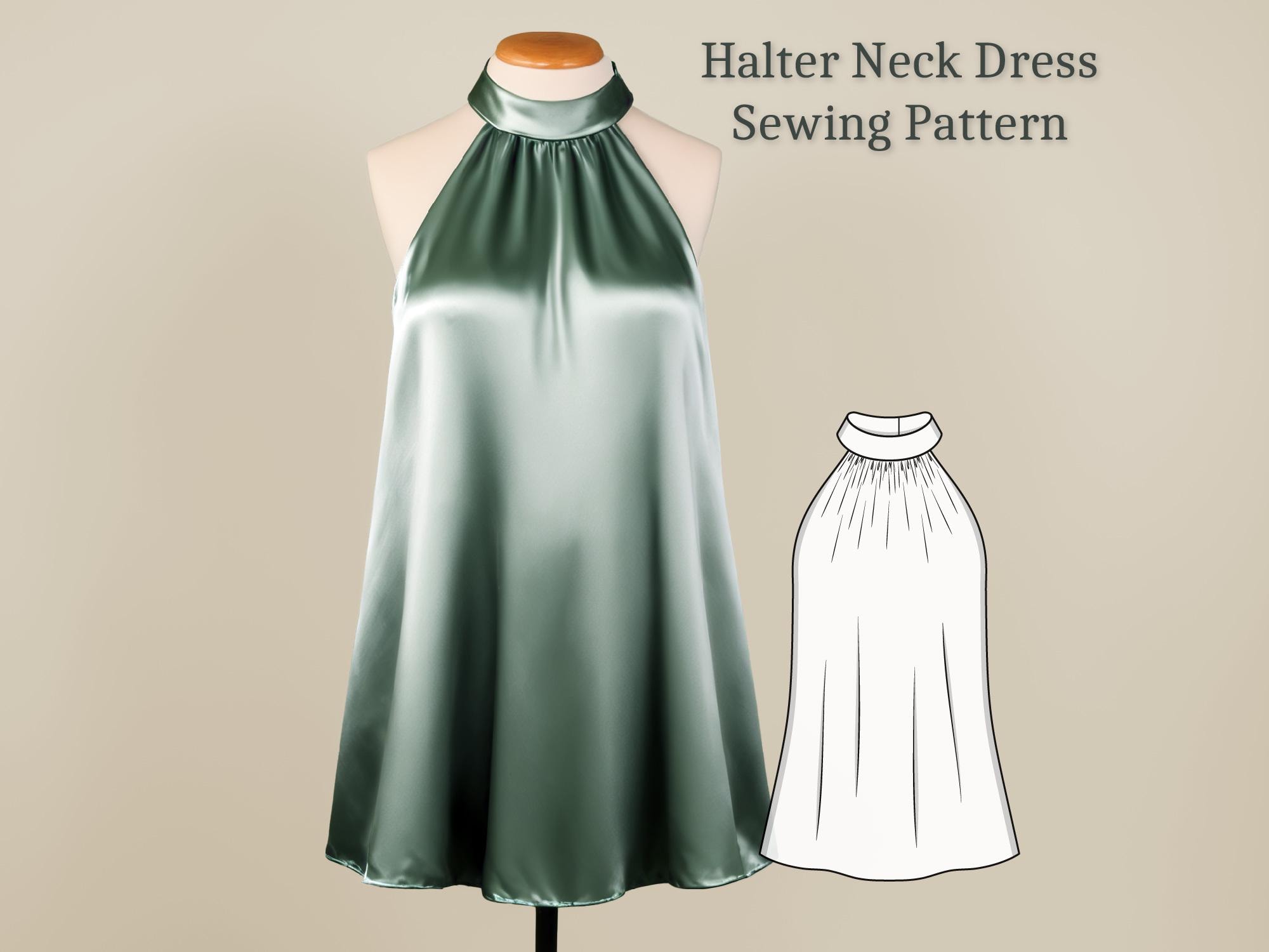 Halter Neck Dress Pattern, Knee Length Dress, Round Collar Gathered ...