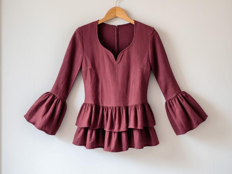 Peplum Ruffle Top Pattern, Linen Gathered Blouse, V-neck Easy Top, PDF ...