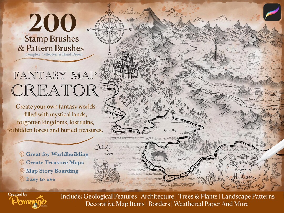 Fantasy Map Procreate Brush Stamps: 200 Hand-drawn World Building Map ...