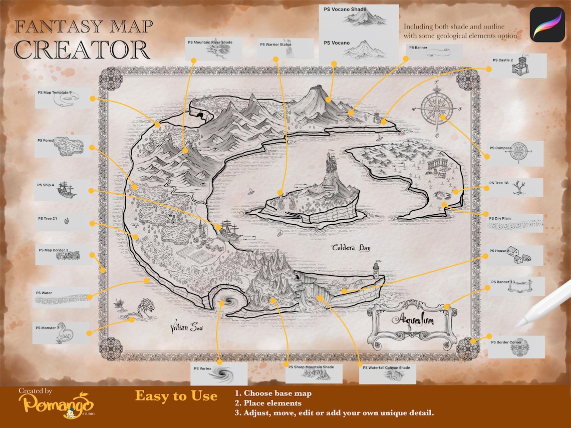 Fantasy Map Procreate Brush Stamps: 200 Hand-drawn World Building Map ...