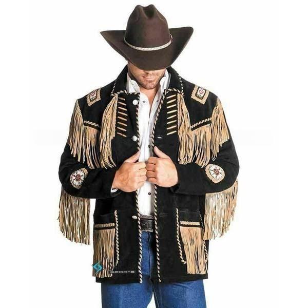 Men's Traditional Western Cowboy Leather Jacket Coat With Fringes and ...