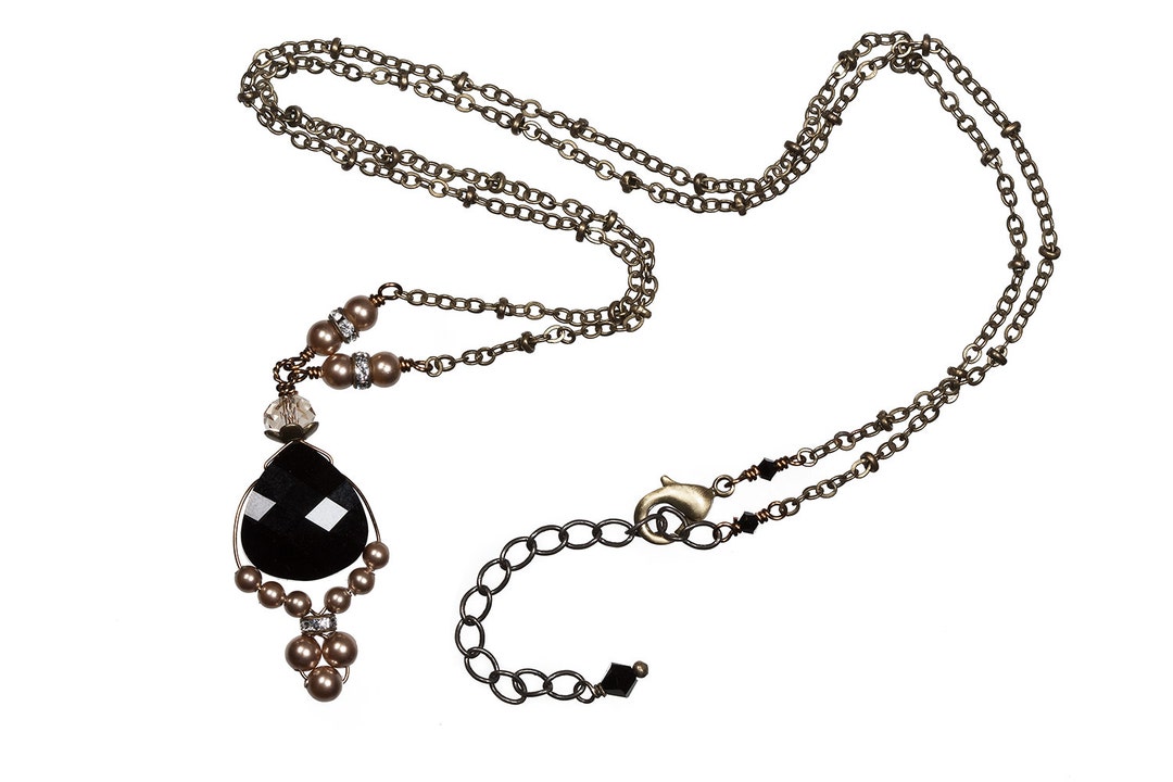 Jet Black Crystal Pendant Necklace, Bronze Pearl Handmade Jewelry - Etsy