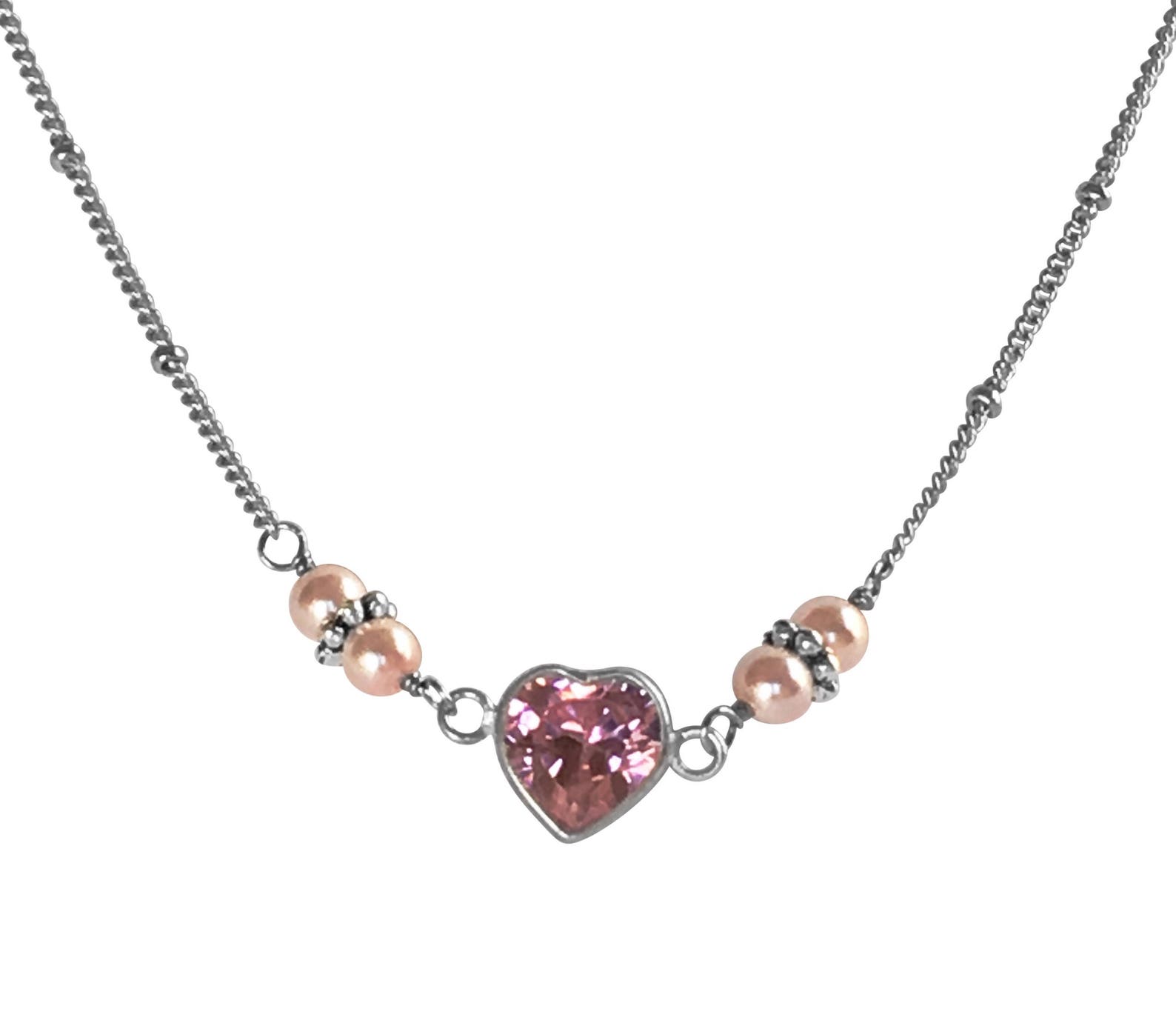 Pink CZ Heart Necklace, Simulated Pearls, Gift for Her - Etsy