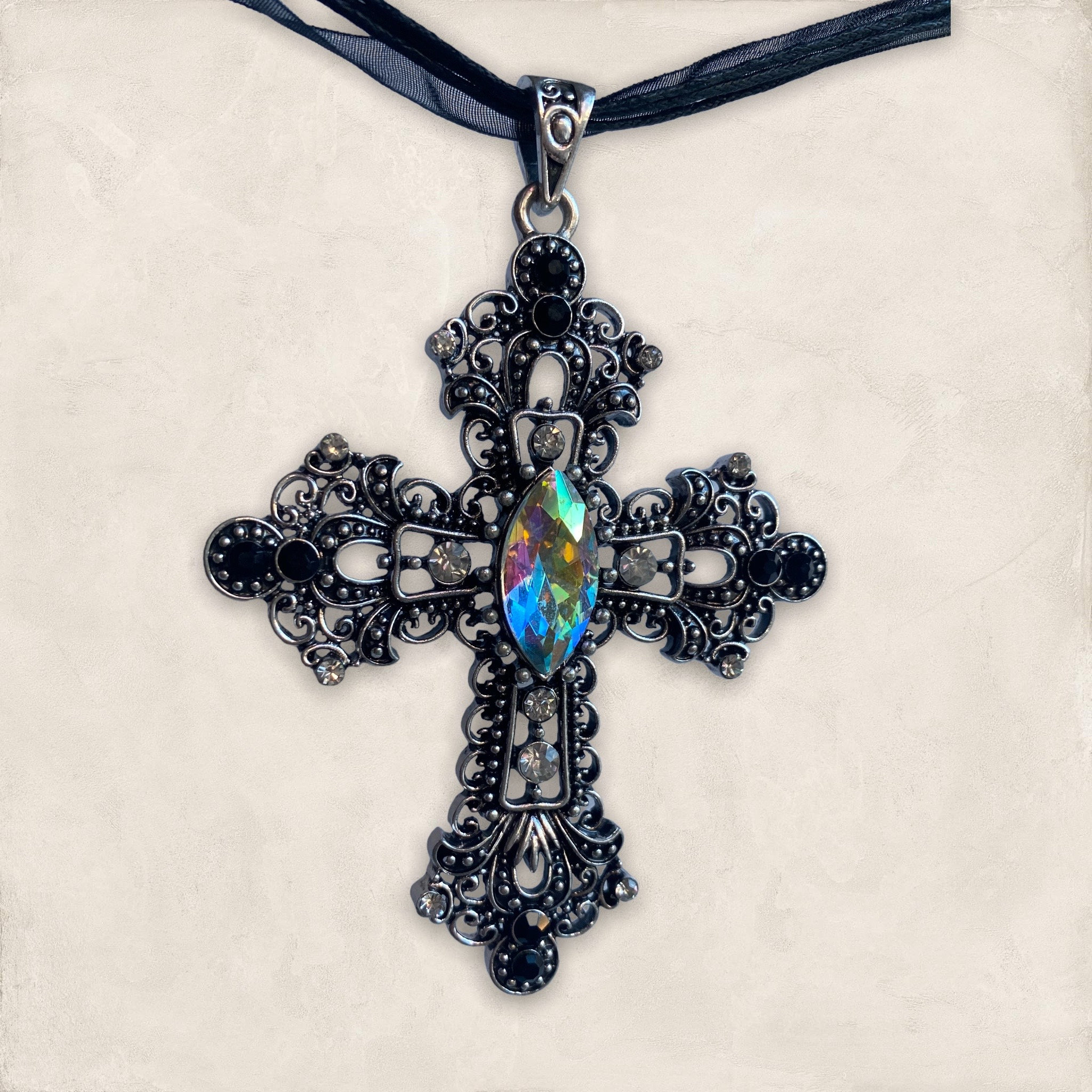 Jet Black Vintage Victorian Large Filigree Cross Necklace - Etsy