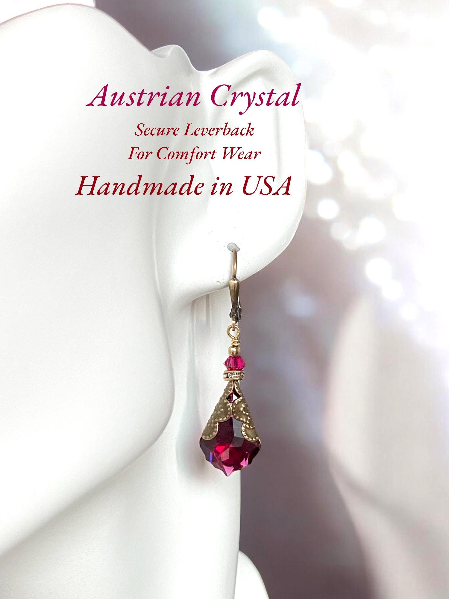 Ruby Red Vintage Inspired Crystal Drop Dangle Victorian Earrings for ...