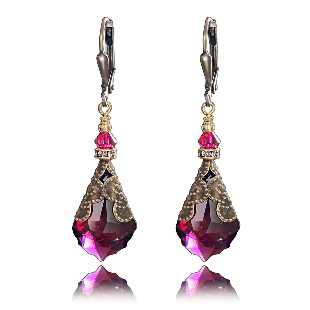 Ruby Red Vintage Inspired Crystal Drop Dangle Victorian Earrings for ...