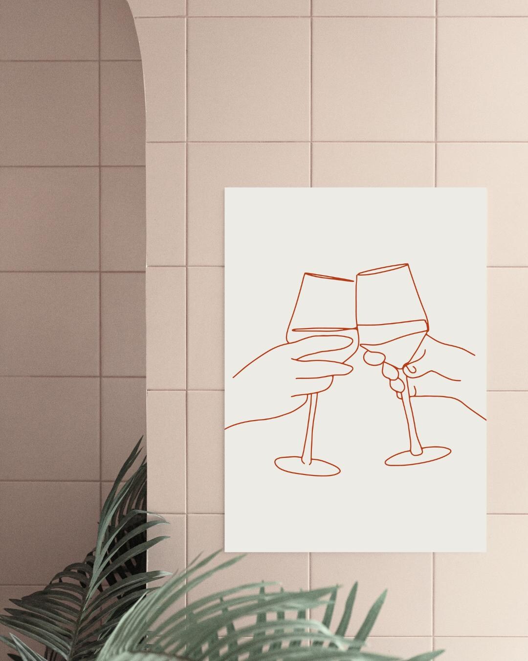 Minimalist Wine Glasses Poster Fine Line Art Hand-drawn Outline Elegant ...