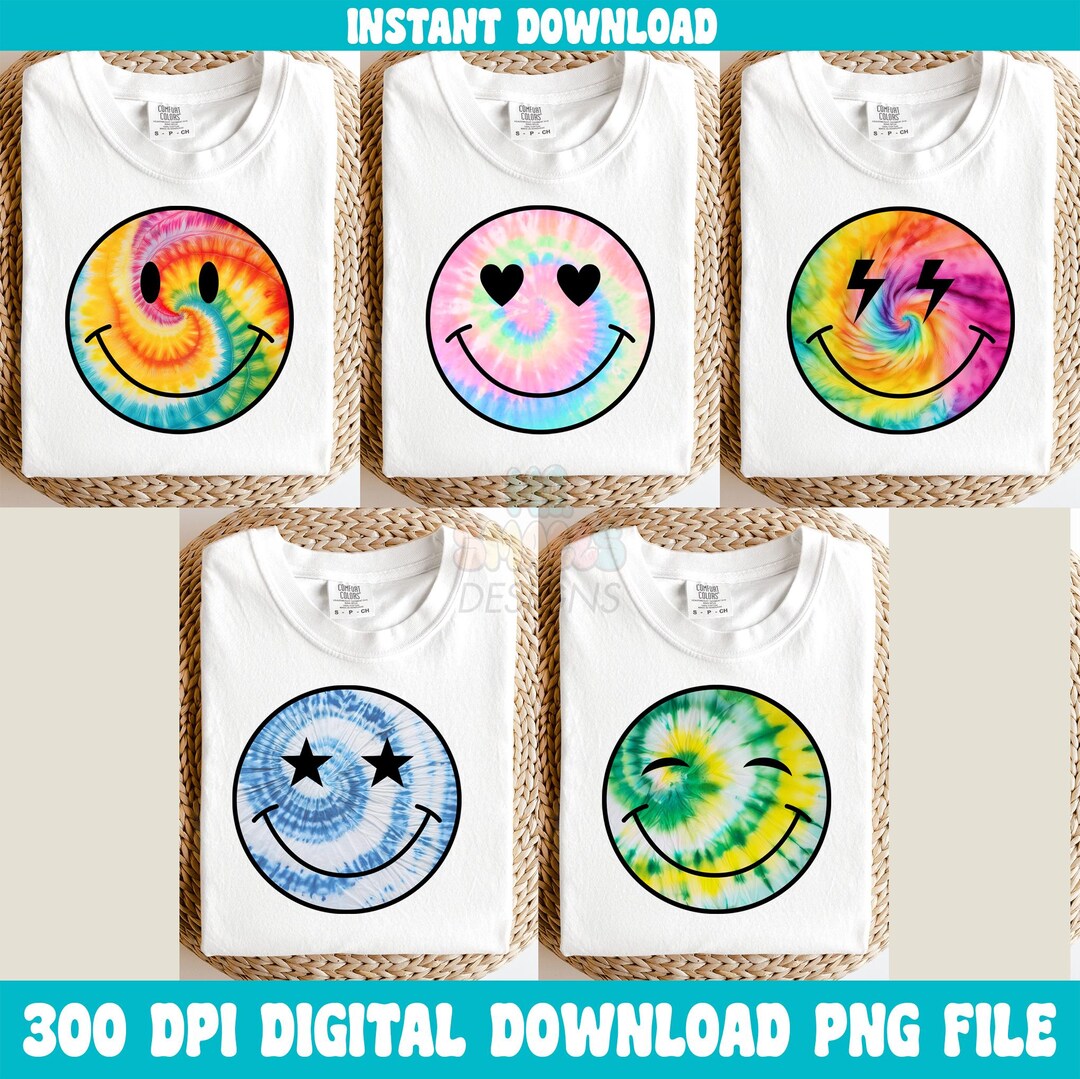 Tie Dye Smiley Face Png Bundle Smiley Face Clipart Happy Face Png Tie ...
