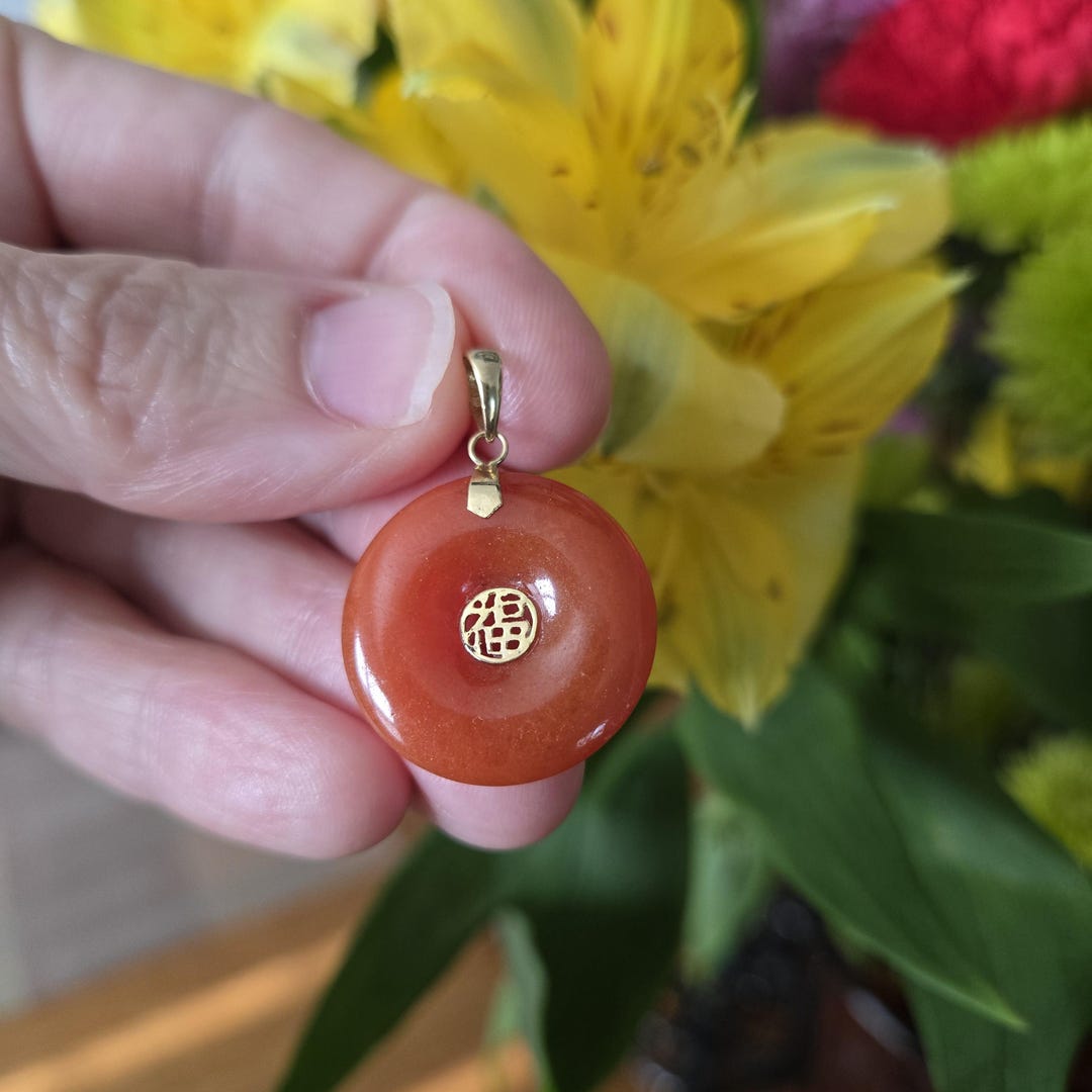 Vintage 14k Gold Orangy-red Jadeite Jade Chinese Good Luck Donut ...