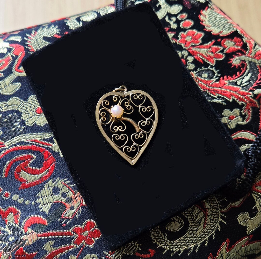 Vintage Gold Filled Filigree Wire Work Heart Shaped Cultured Pearl ...