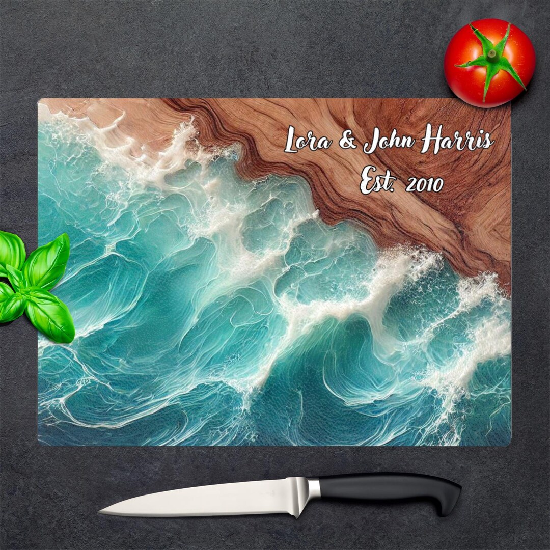 Personalized Ocean Wave Glass Cutting Board, Anniversary Gift (15x11 ...