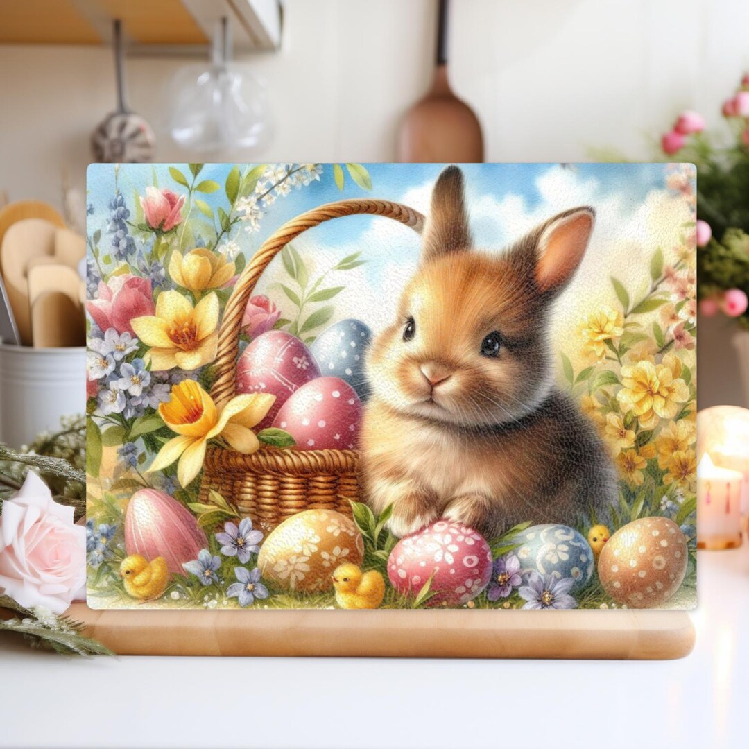 Easter Glass Chopping Board, Easter Bunny and Floral Egg Basket, Spring ...