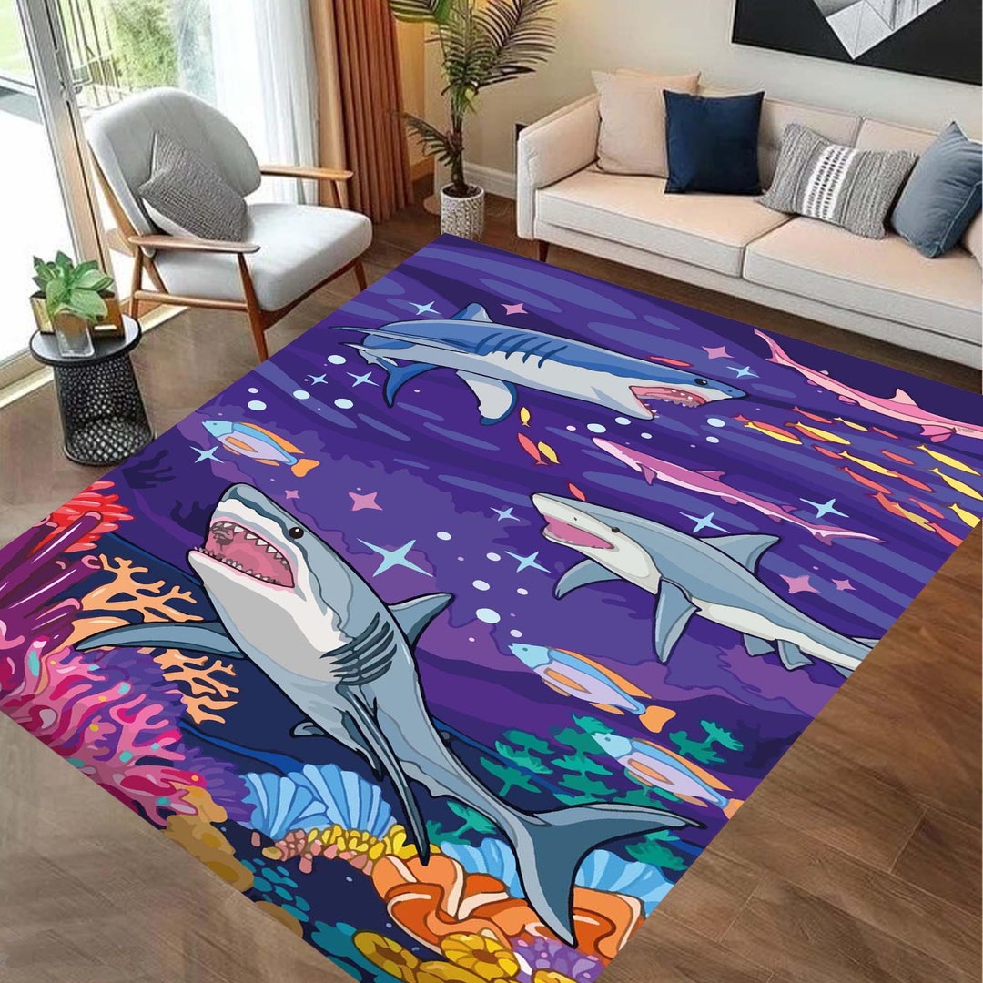 Ocean Adventure Rug – Colorful Shark & Coral Area Carpet for Kids Room ...