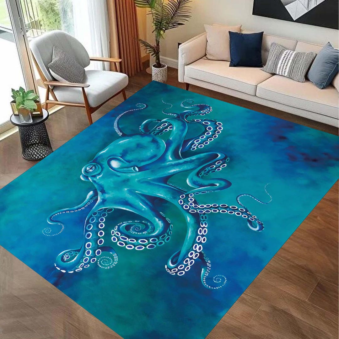 Octopus Area Rug, Ocean Themed Floor Mat, Marine Life Decor, Non Slip ...