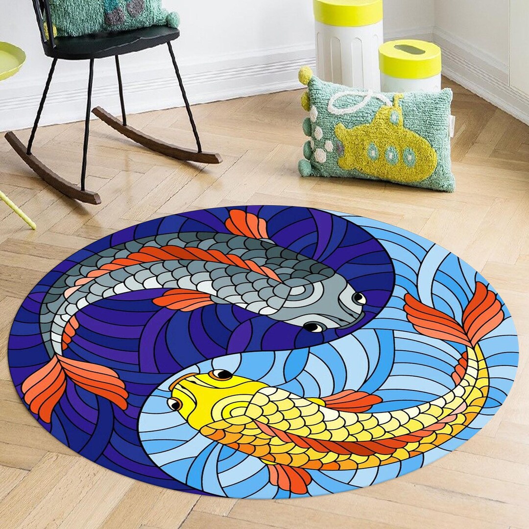 Koi Fish Round Rug, Yin Yang Carp Floor Mat, Zen Home Decor, Feng Shui ...