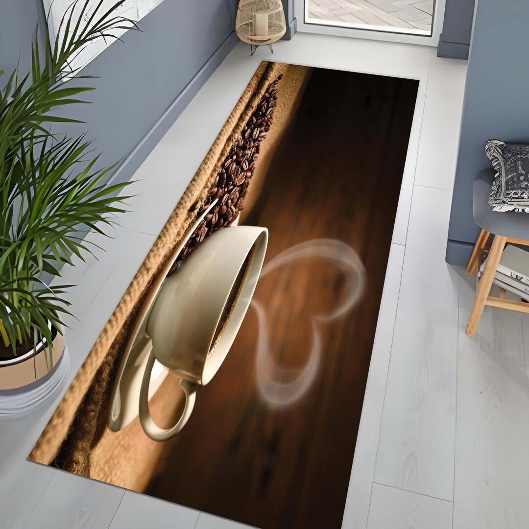 Coffee Heart Pattern Rug, Kitchen Rug, Non Slip Kitchen Rug, Washable ...