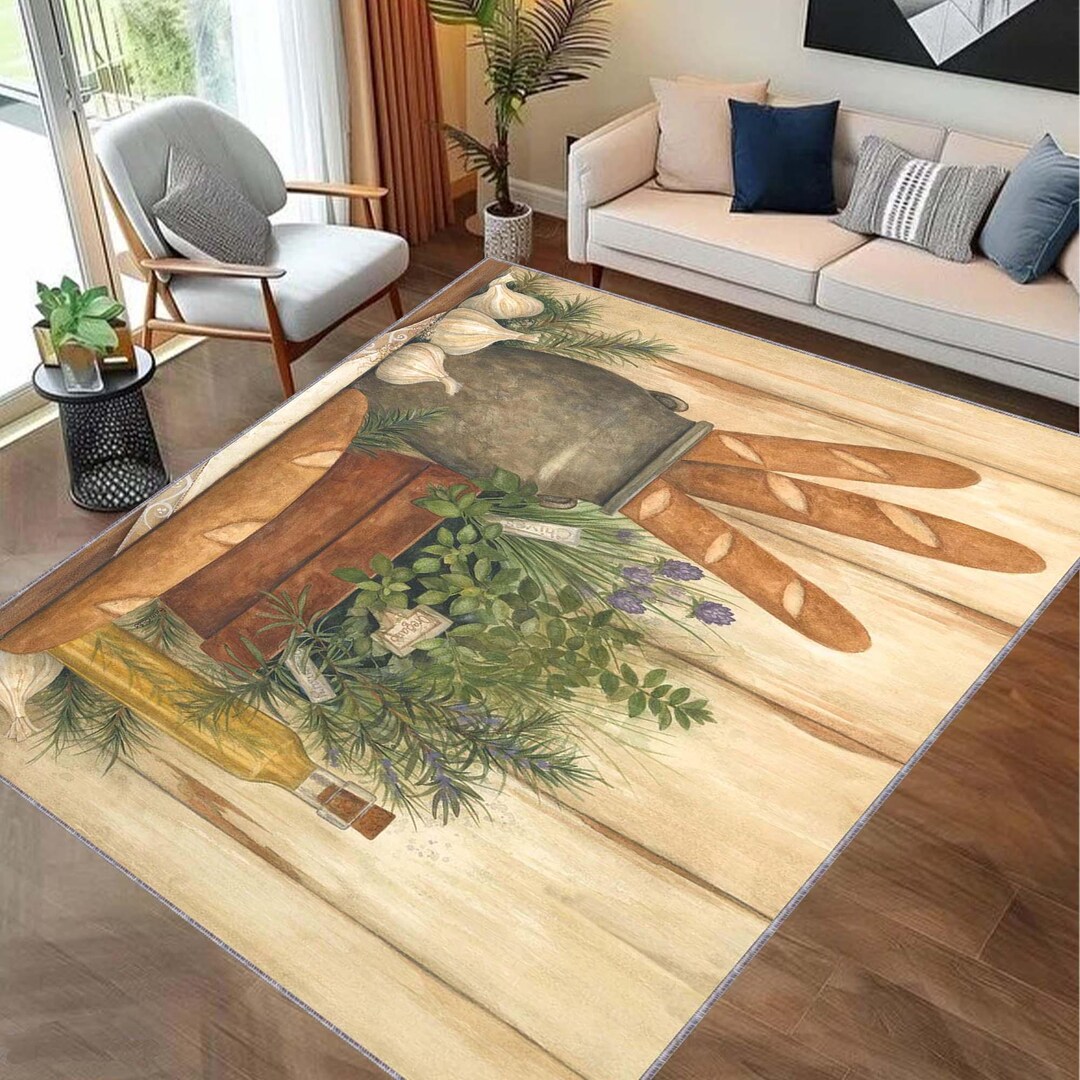 Area Rug, Rustic French Kitchen Rug, Farmhouse Bread Herbs Area Rug ...