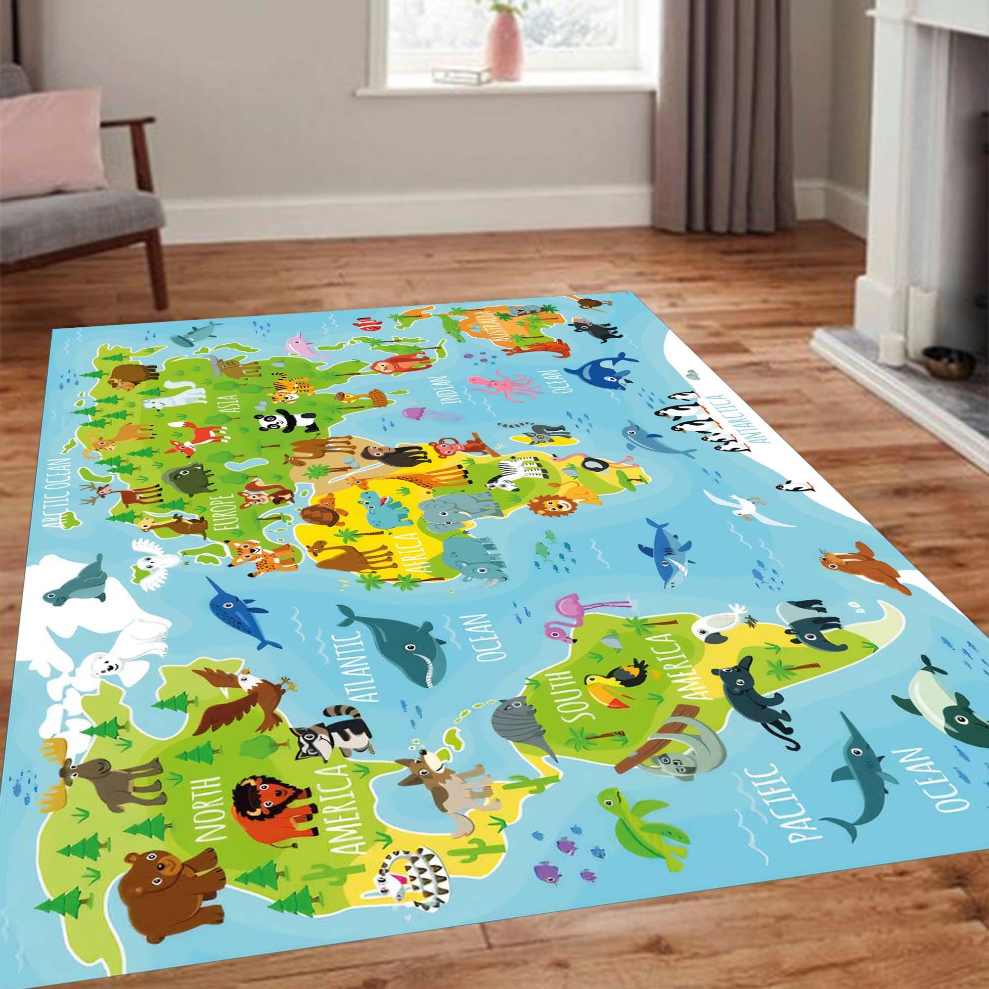Map Rug, Educational World Map Rug, Kids Animal Learning Rug, Playroom ...