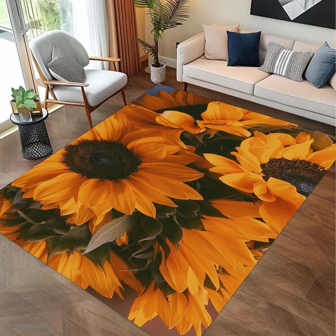 Sunflower Area Rug, Bright Yellow Floral Carpet, Large Living Room Rug ...