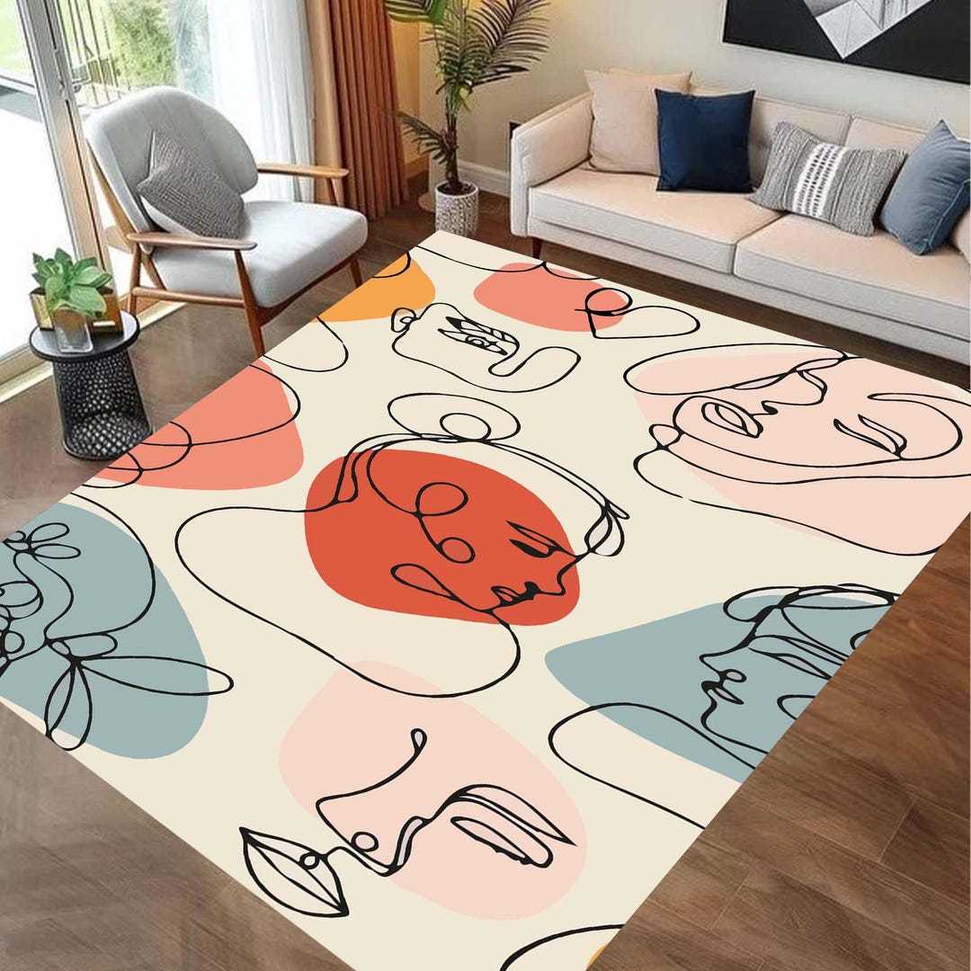 Soft Minimalist Line Art Rug, Modern Face Design Area Carpet, Abstract ...