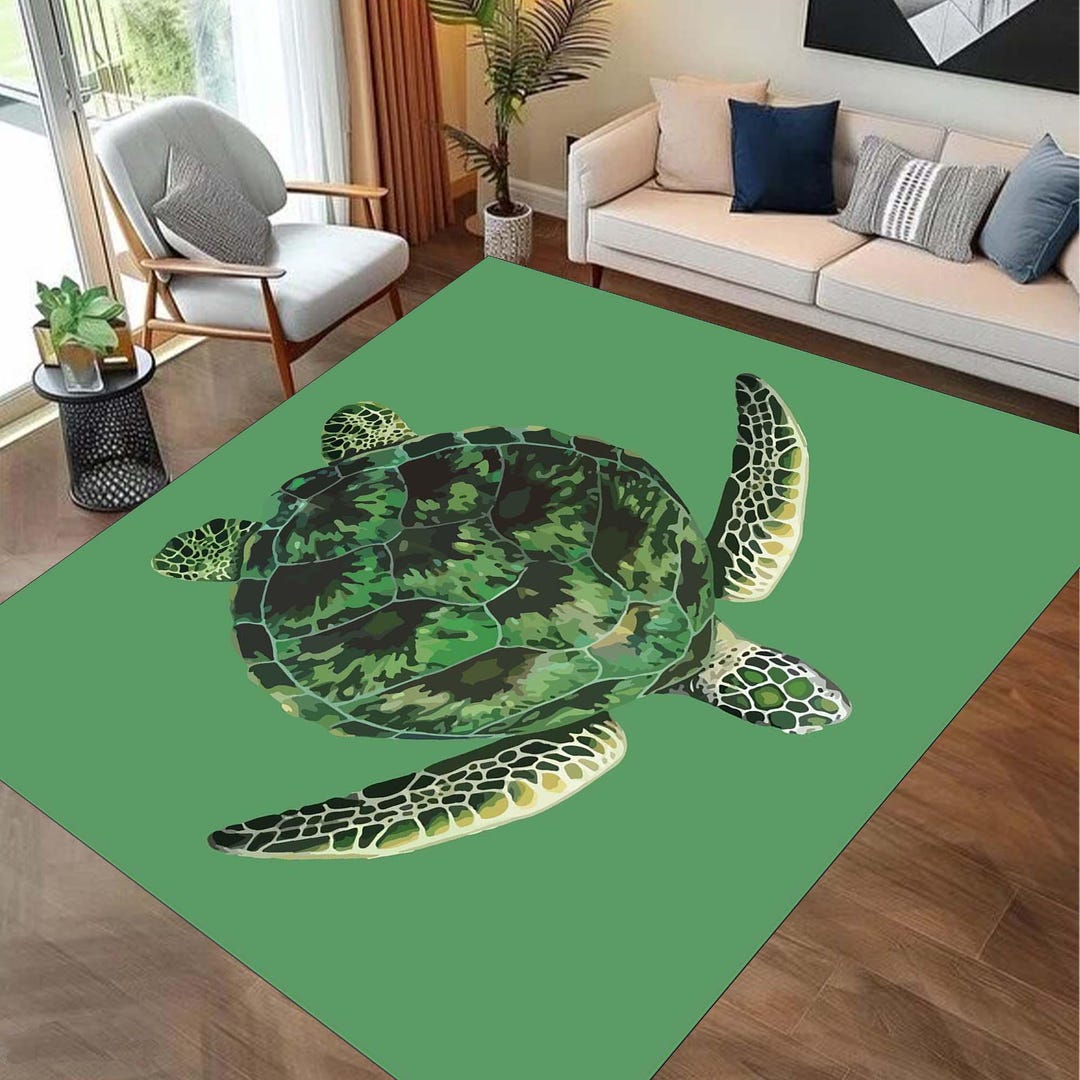 Sea Turtle Area Rug, Coastal Ocean Floor Mat, Green Marine Life Carpet ...