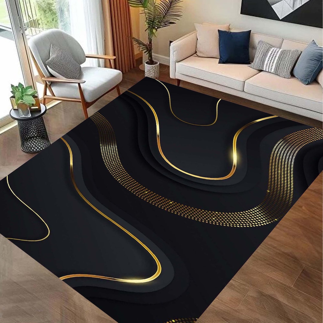 Marble Rug, Luxury Black and Gold Abstract Area Rug, Modern Geometric ...