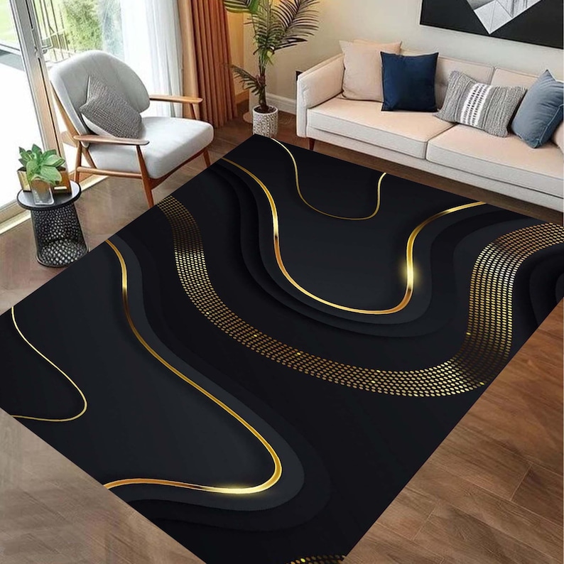 Marble Rug, Luxury Black and Gold Abstract Area Rug, Modern Geometric ...