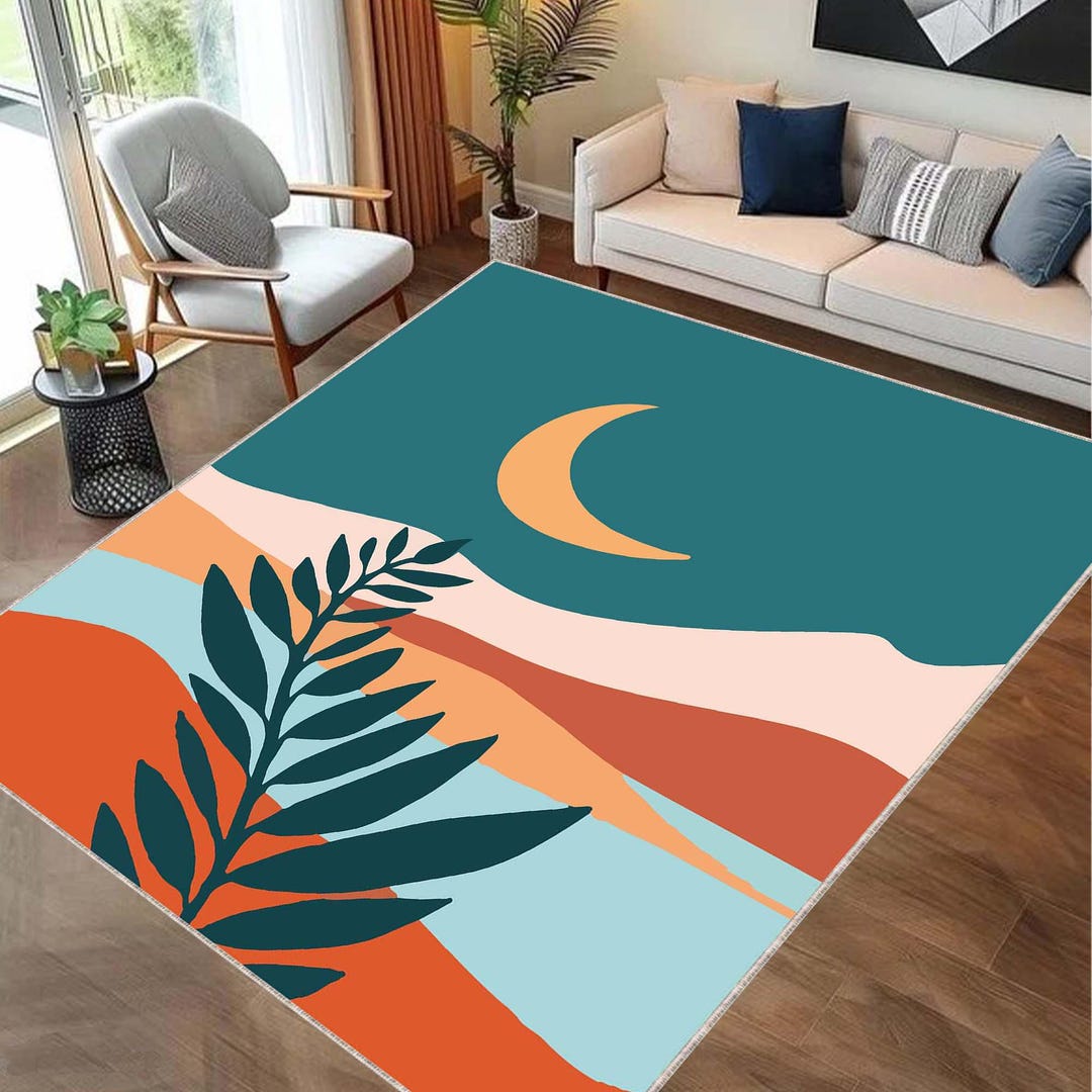 Abstract Outdoor Rug With Moon and Leaf Design, Modern Patio or Balcony ...