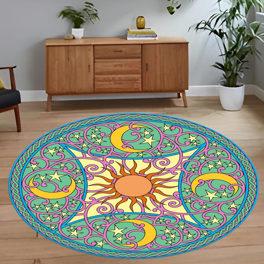 Sun and Moon Round Rug, Boho Mandala Floor Mat, Celestial Sunburst ...
