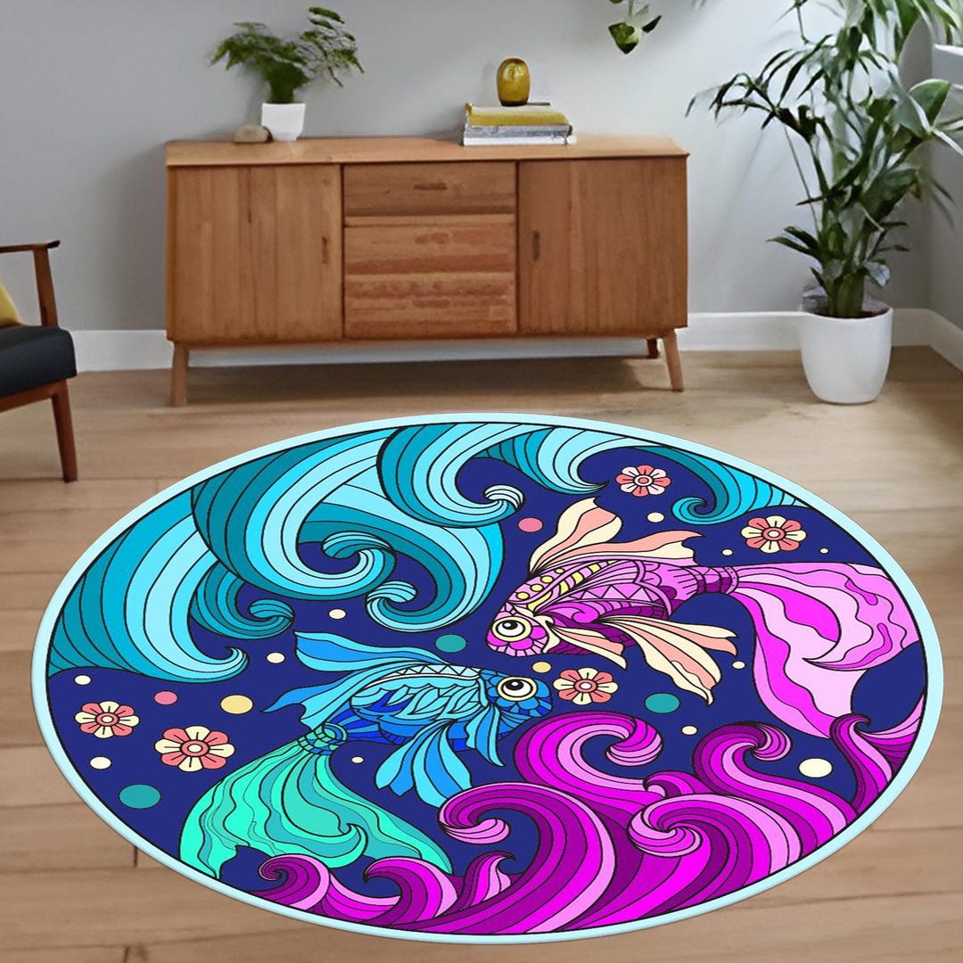 Soft Rug, Washable Rug, Blue and Purple Koi Fish Round Rug, Artistic ...