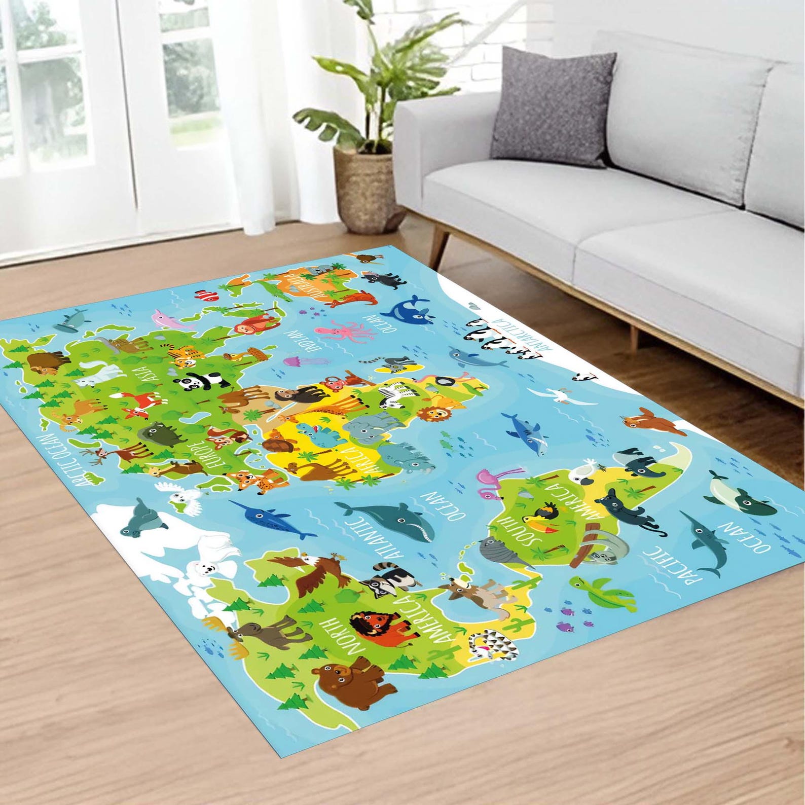 Map Rug, Educational World Map Rug, Kids Animal Learning Rug, Playroom ...