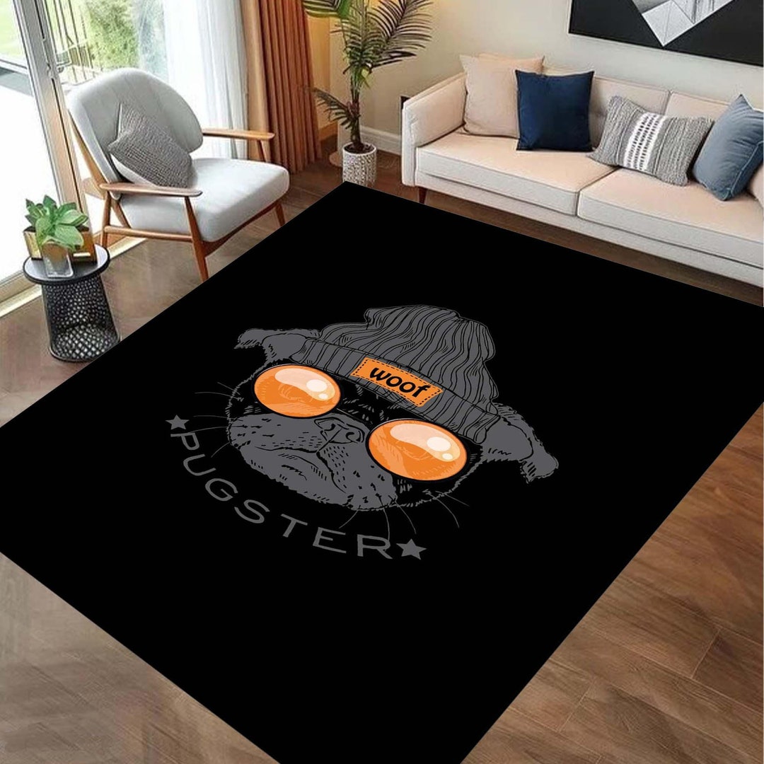Music Dog Rug, Woof Pugster Rug, Angry and Cute Pugs Mat, Dog Breeds ...