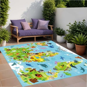 Kids World Map Rug, Educational Animal Play Mat for Nursery, Classroom ...
